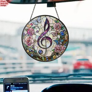 Music Note Stained Glass Suncatcher, Floral Window Hanging, Treble Clef ...