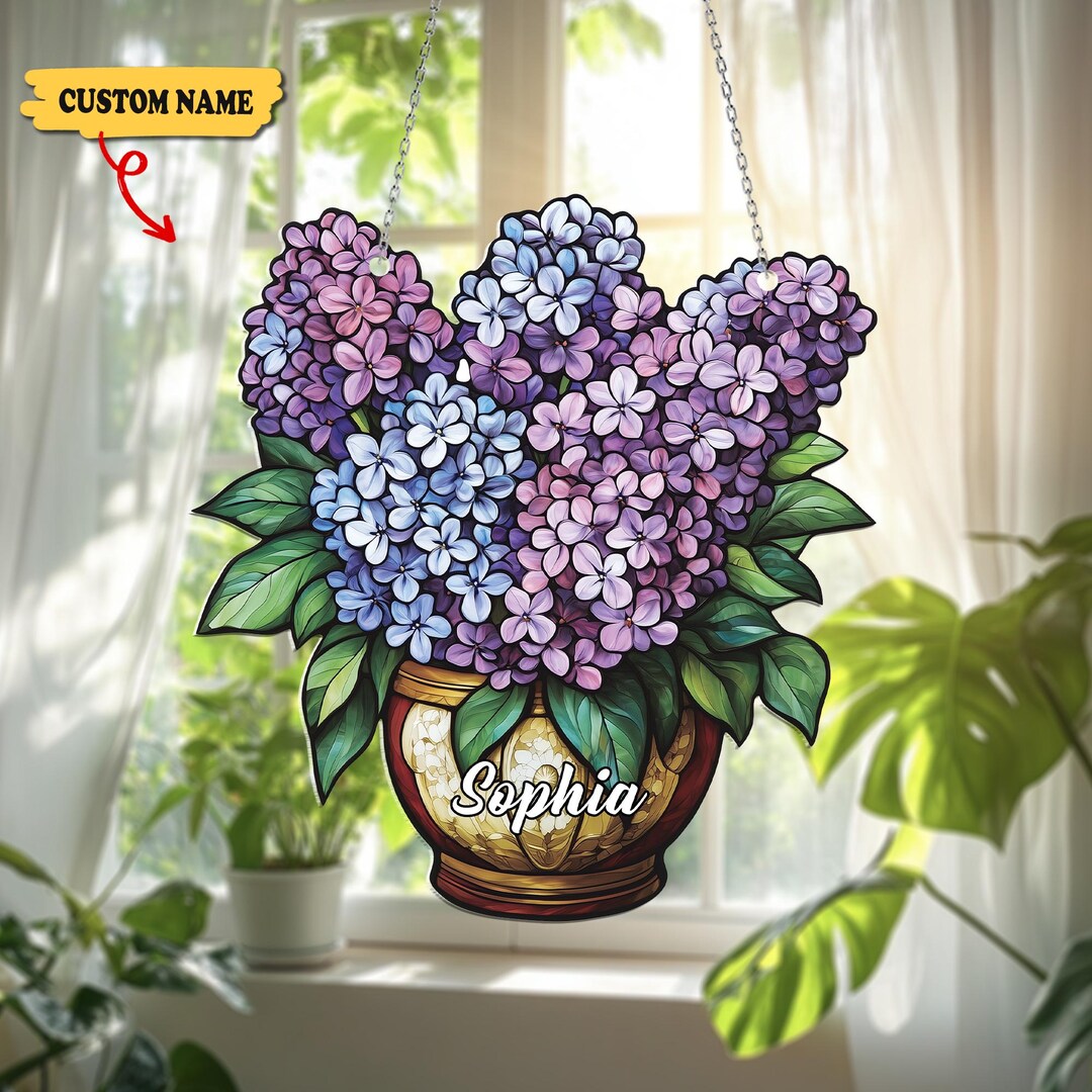 Custom Name Acrylic 2D Flat Lilac Window Hanging, Floral Ornament, Gift ...