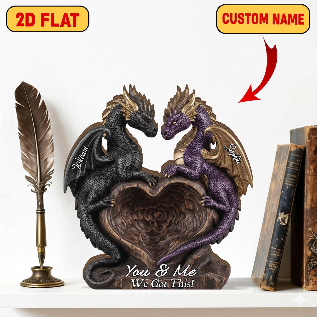 Personalized Dragon Couple 2D Flat Wooden Block, Custom Name Fantasy ...