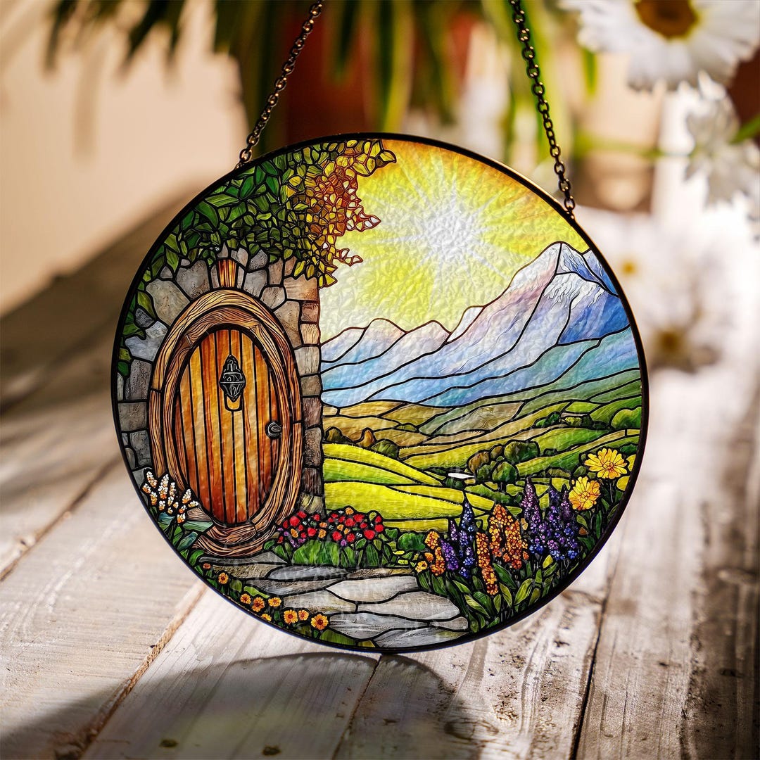 Hobbit Door and Mountain Landscape Stained Glass, Round Window Hanging ...