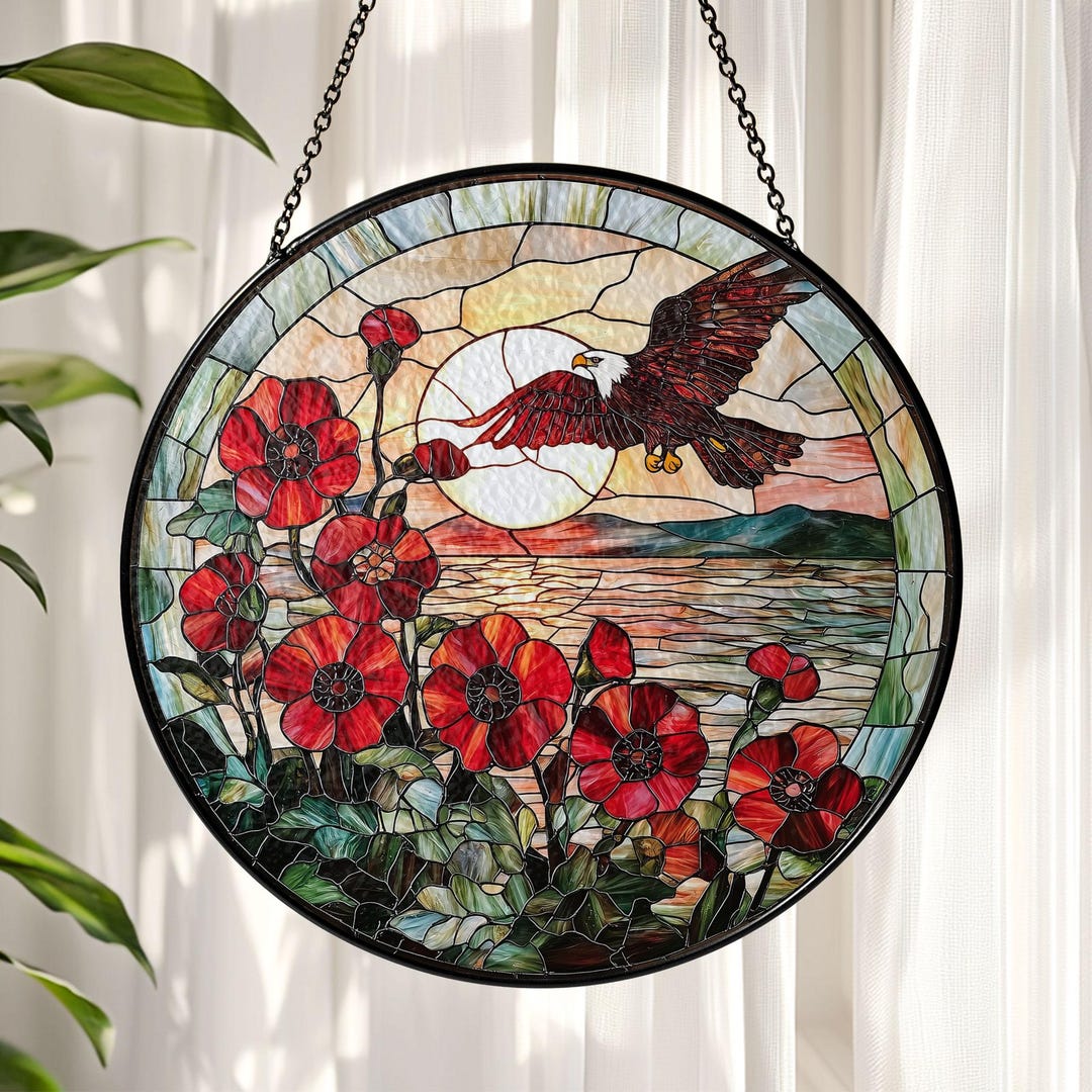 Bald Eagle & Red Poppy Stained Glass Window Hanging, Round Patriotic ...