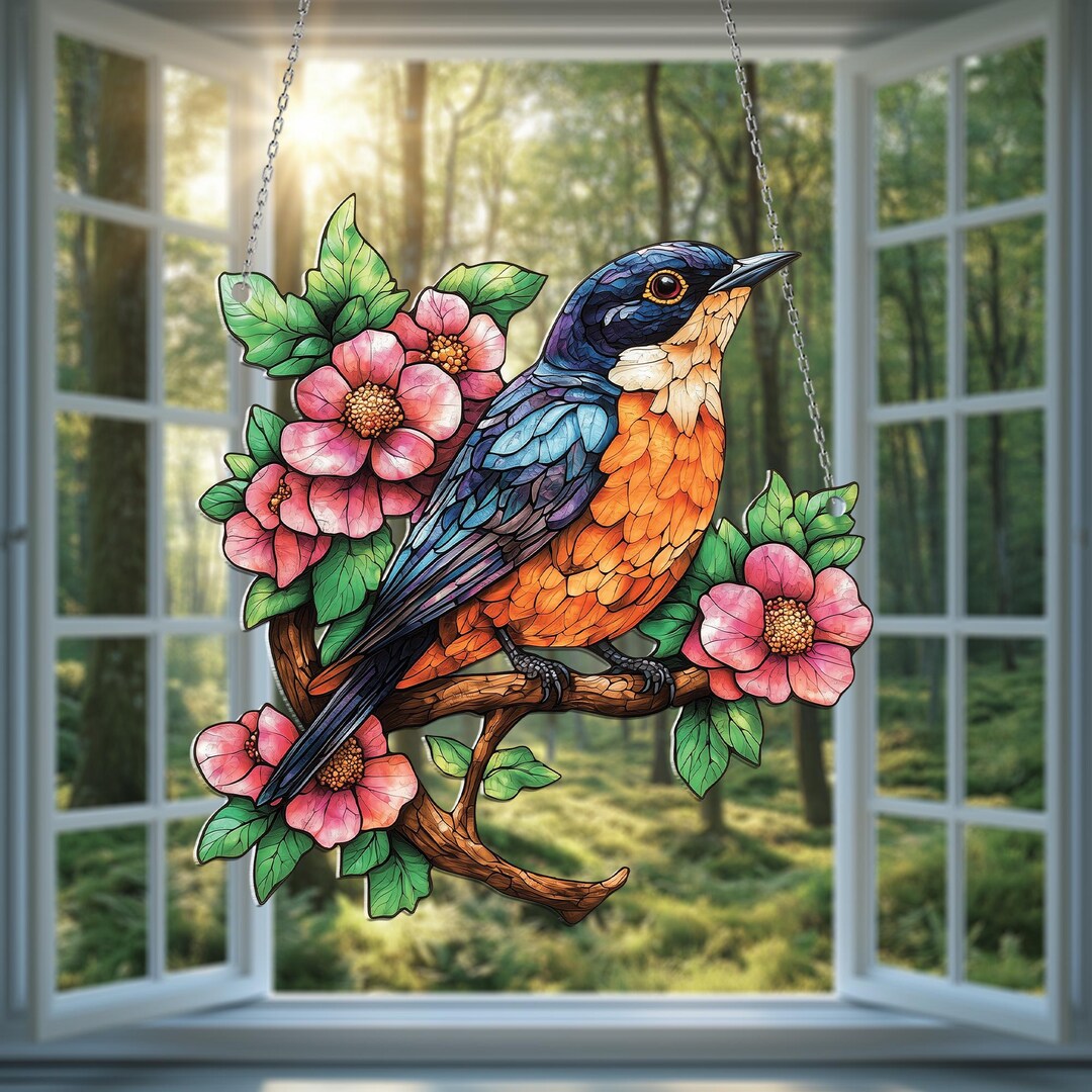 Eastern Bluebird & Cherry Blossom Window Hanging Acrylic 2D Flat, Sun ...