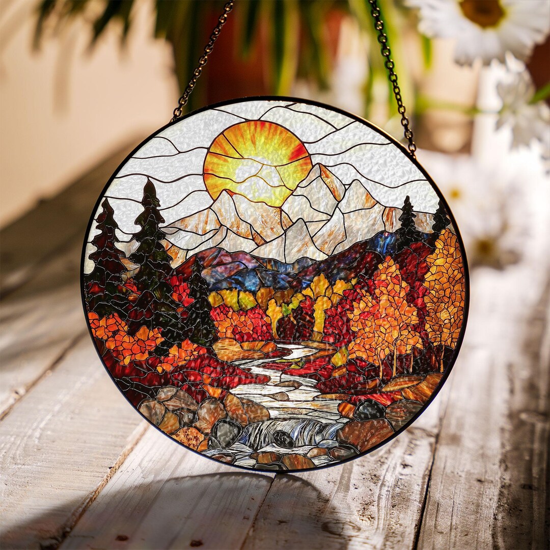 Mountain Sunset Stained Glass Window Hanging, Autumn Forest River Round ...