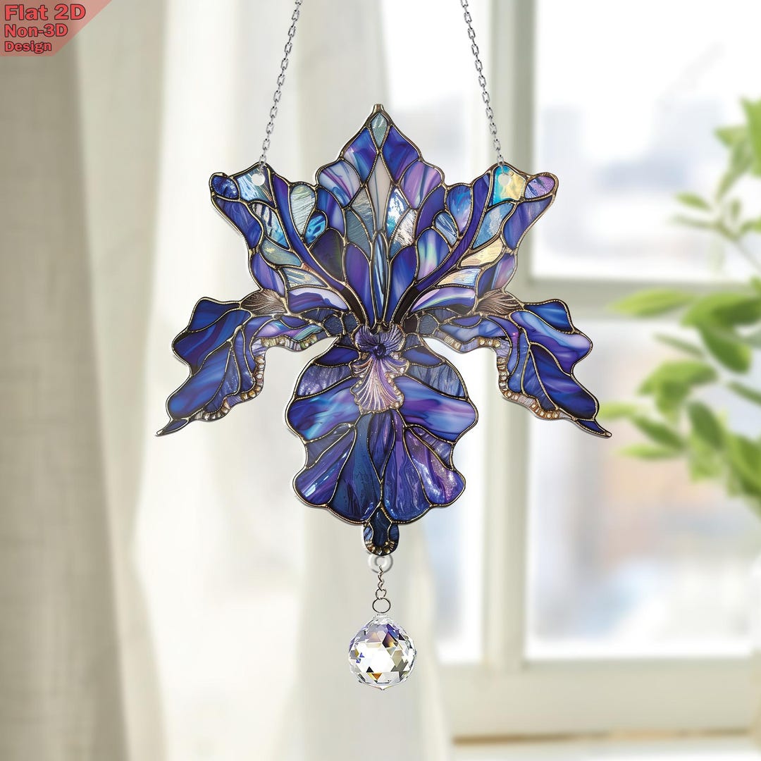 Purple Iris Flower Window Hanging With Charm, Flat 2D Acrylic With ...