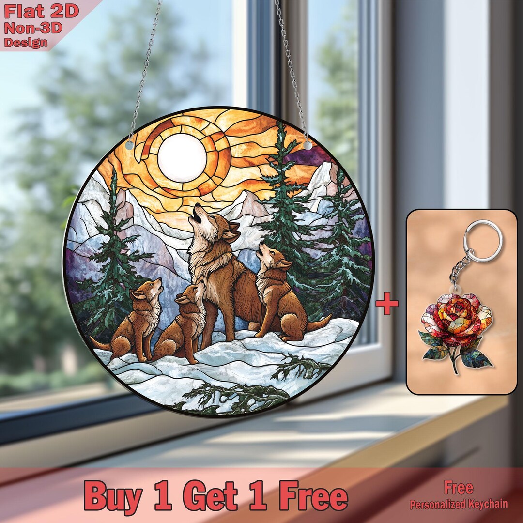 Wolf Family Acrylic 2D Flat Suncatcher, Howling Wolf Window Hanging ...