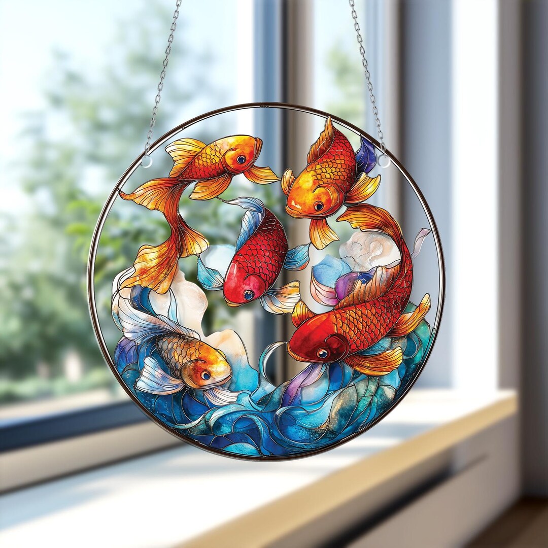 Koi Fish Acrylic 2D Flat Wall Art, Feng Shui Window Hanging, Vibrant ...