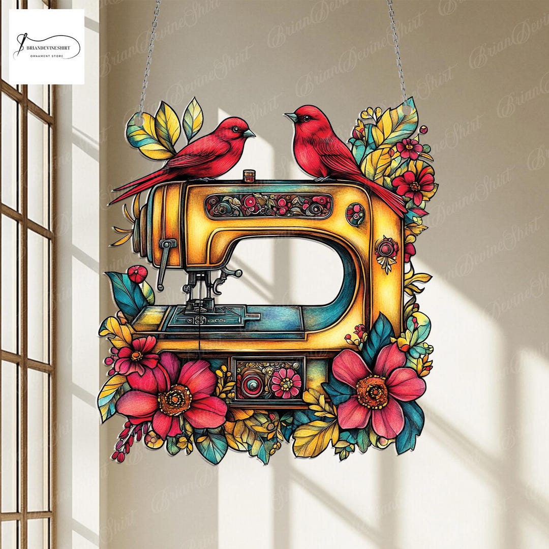 Vintage Sewing Machine Acrylic Window Hanging, Floral and Bird Design ...