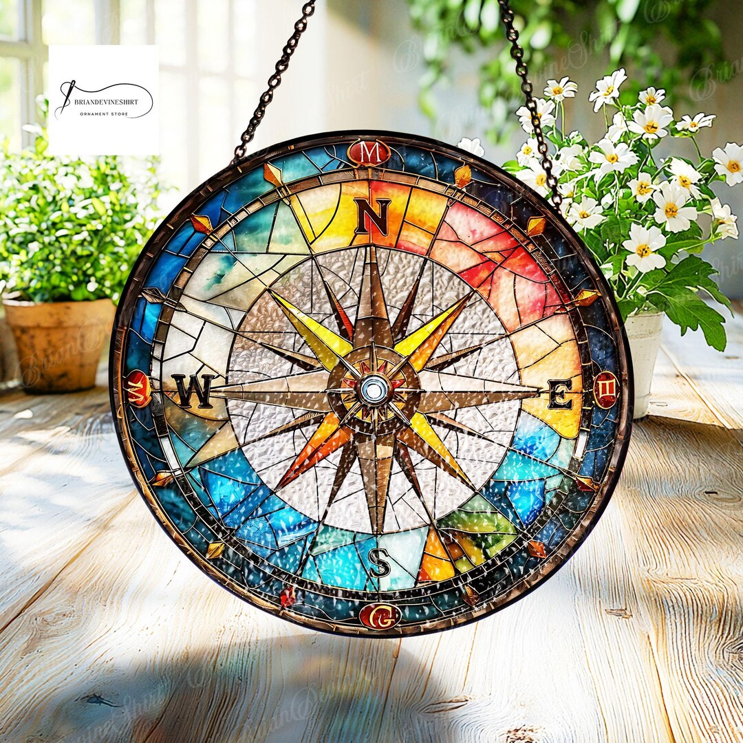 Stained Glass Suncatcher Compass Rose , Colorful Nautical Decor, Travel ...