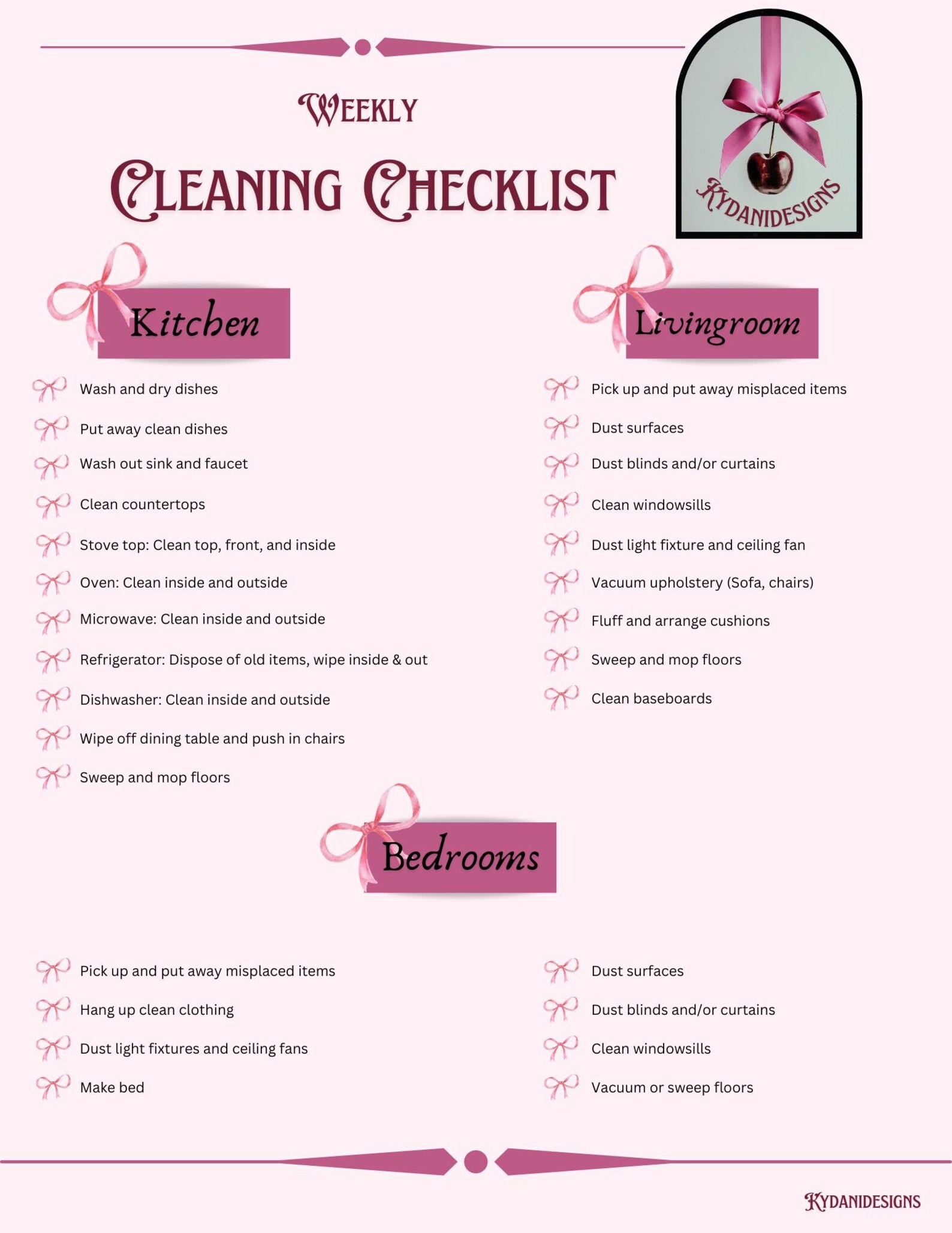 Weekly Cleaning Checklist Coquette Cherry - Etsy