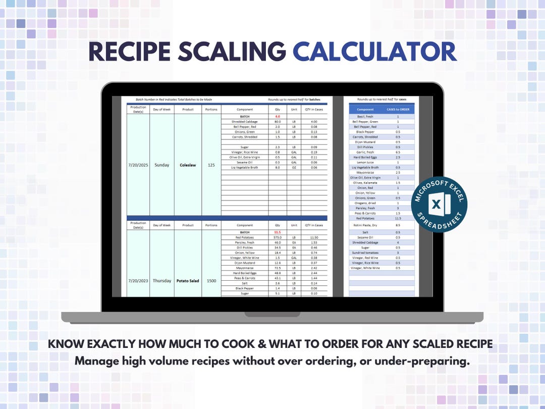 Recipe Scaling Spreadsheet for Businesses - Excel Scaling Calculator ...
