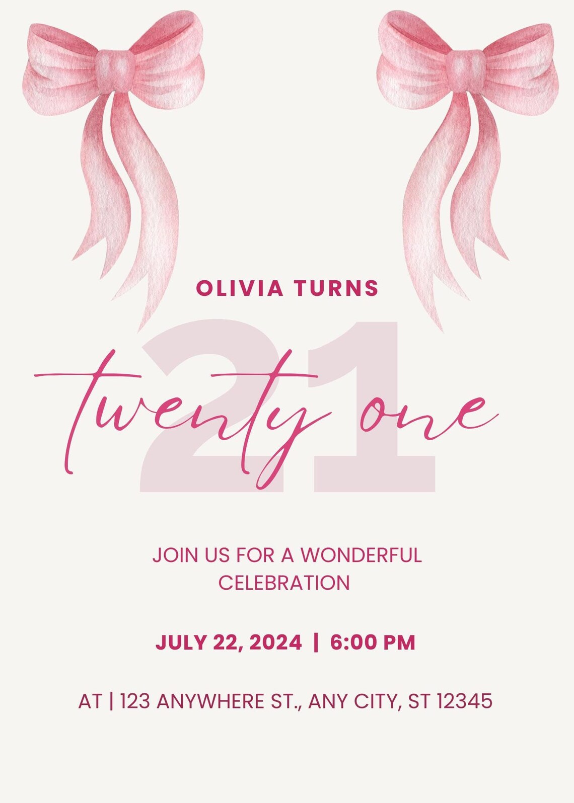 21st Birthday, 21st Birthday Party Invitation, 21st Party Invite, Pink ...