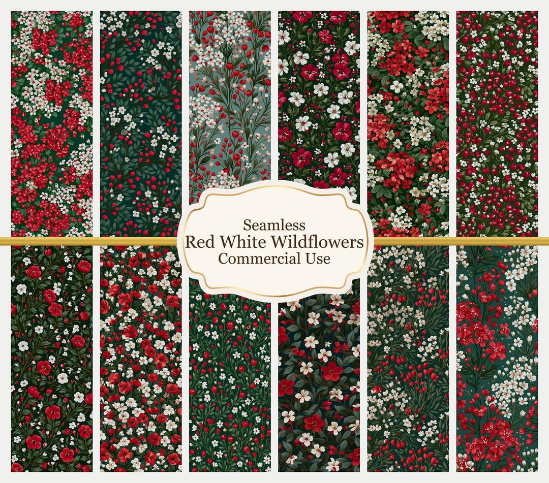 Red White Wildflower Digital Paper Bundle, Tiny Floral Grasscloth ...