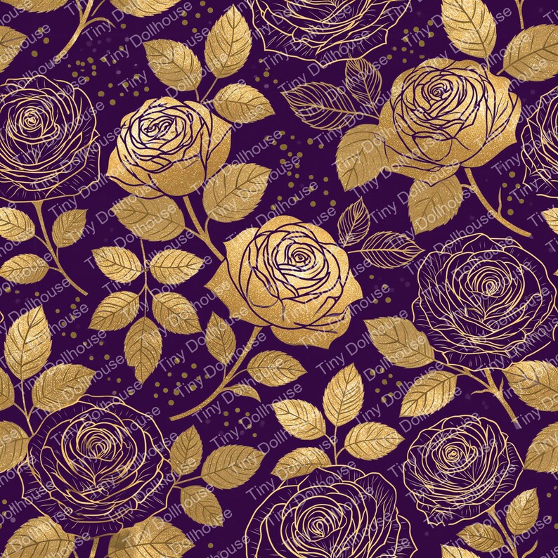 Gold Roses Plum Wallpaper | Moody Floral Miniature Paper (12 Tiles) - Etsy