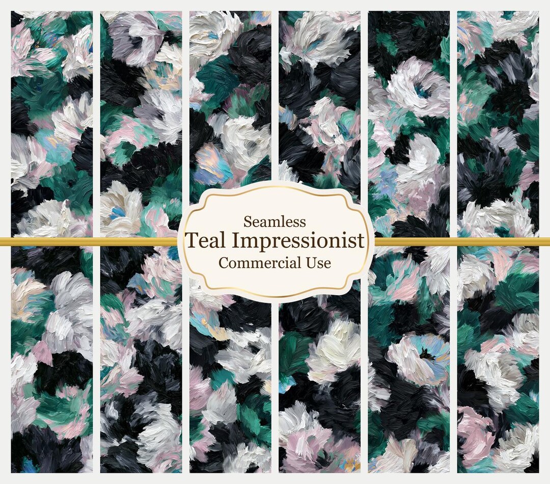 Teal Impressionist Floral Seamless Pattern Digital Paper Bundle (1:6, 1 ...