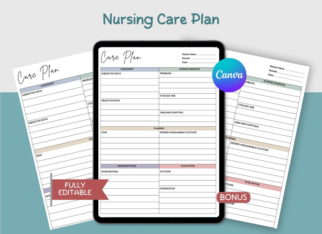 Nursing Care Plan, Editable Nurse Care Plan, Printable Nursing Template, Nursing Student ...