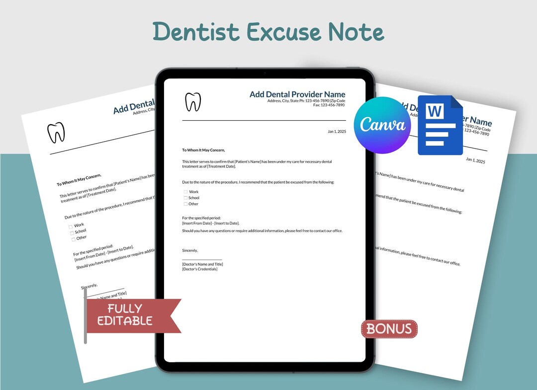 Dentist Excuse Notes, Editable Medical Excuse Note, Editable Work ...