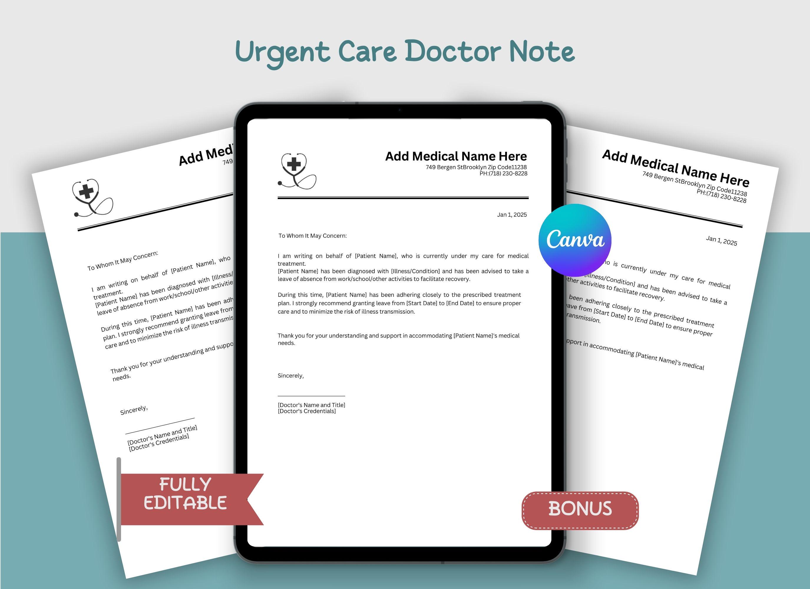 Editable Urgent Care Doctor Note, Doctor Excuse Note Template, Notes ...