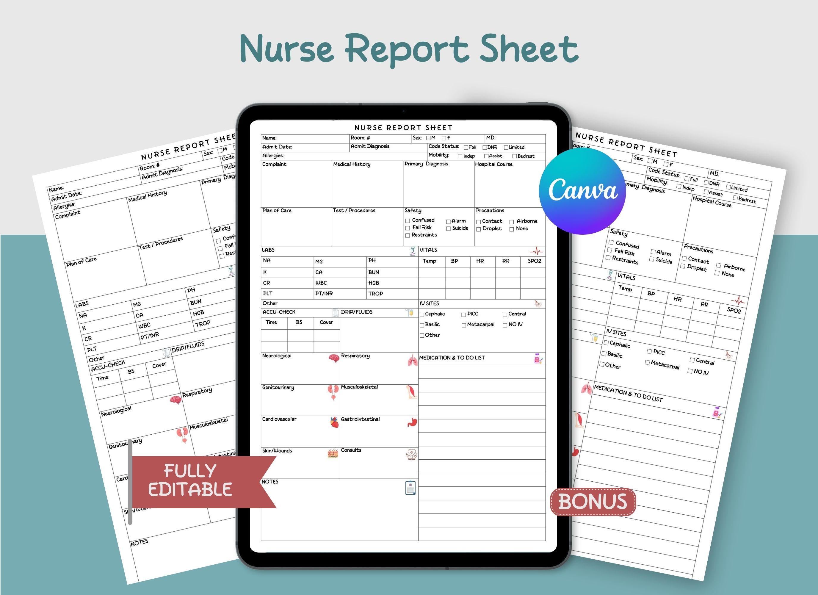 Nurse Report Sheet, Editable Nursing Report Sheet, Nurse Brain Sheet ...