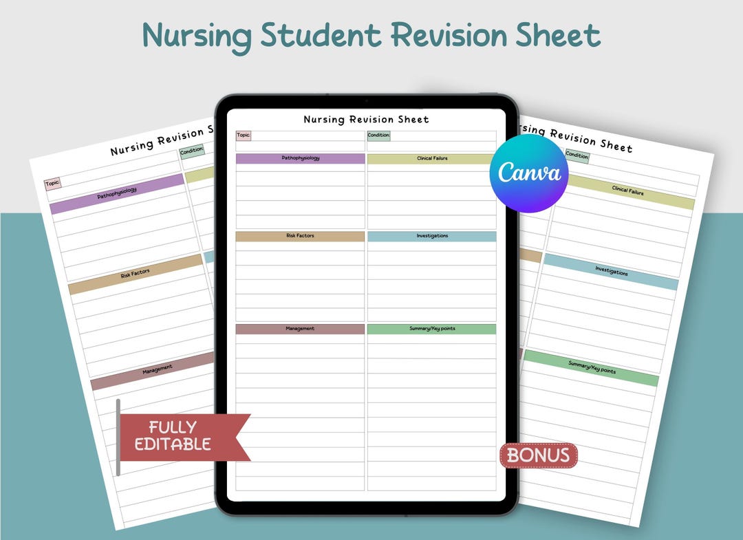 Nursing Student Revision Sheet, Editable Nursing Study Sheet, Exam ...