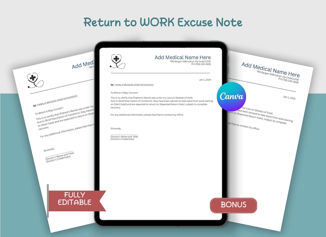 Editable Return to Work Excuse Note, Dr Excuse Notes, Signature ...