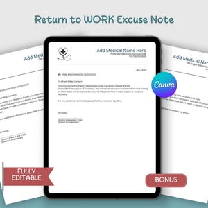 Editable Return to Work Excuse Note, Dr Excuse Notes, Signature ...