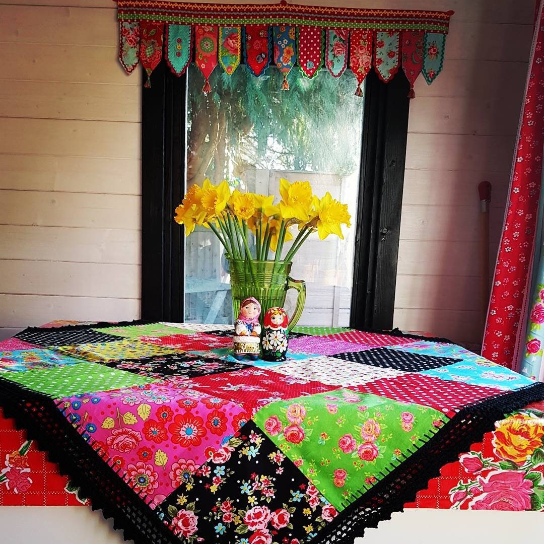 Crochet Trimmed Patchwork Tablecloth With Buttons and Tassels, Boho ...