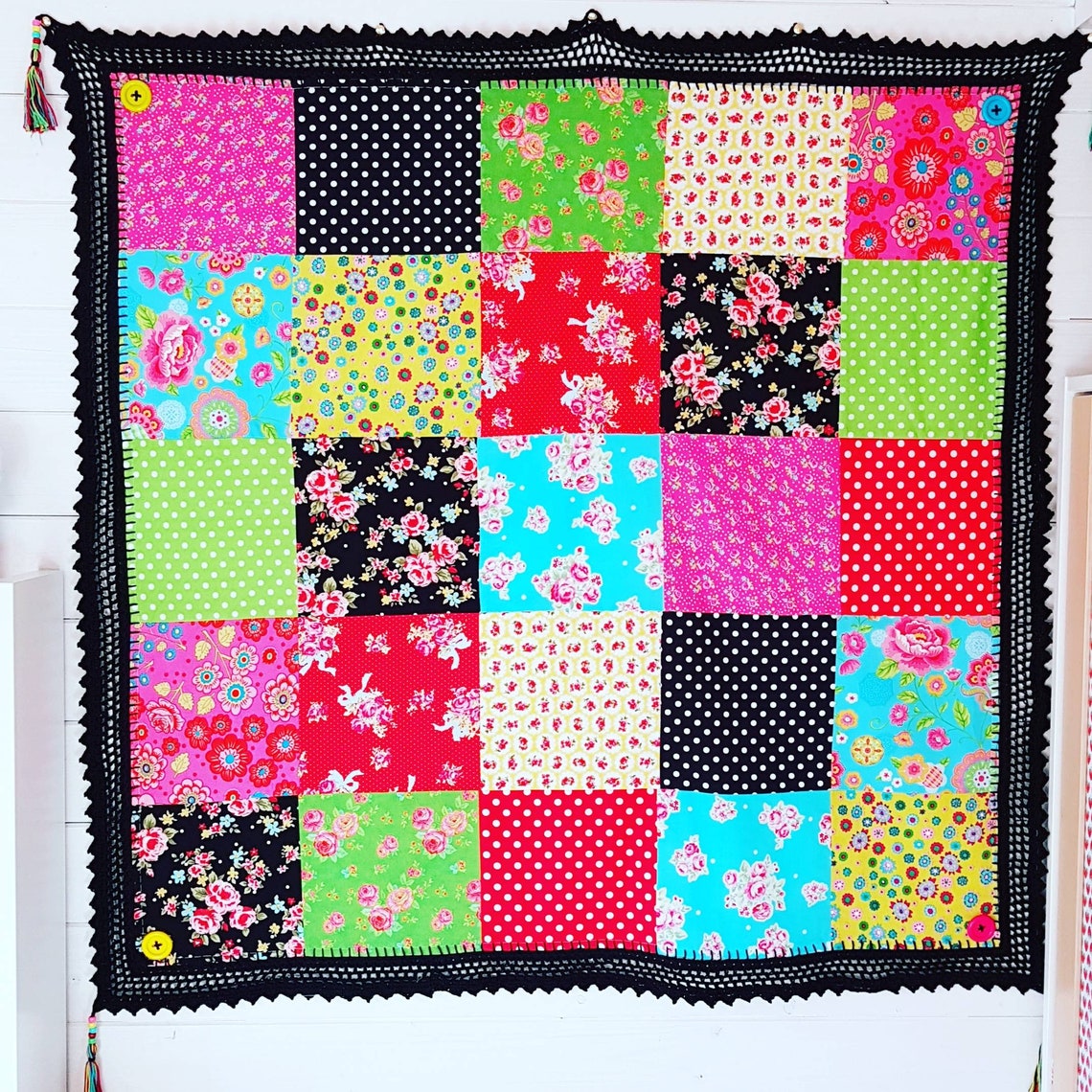 Crochet Trimmed Patchwork Tablecloth With Buttons and Tassels - Etsy