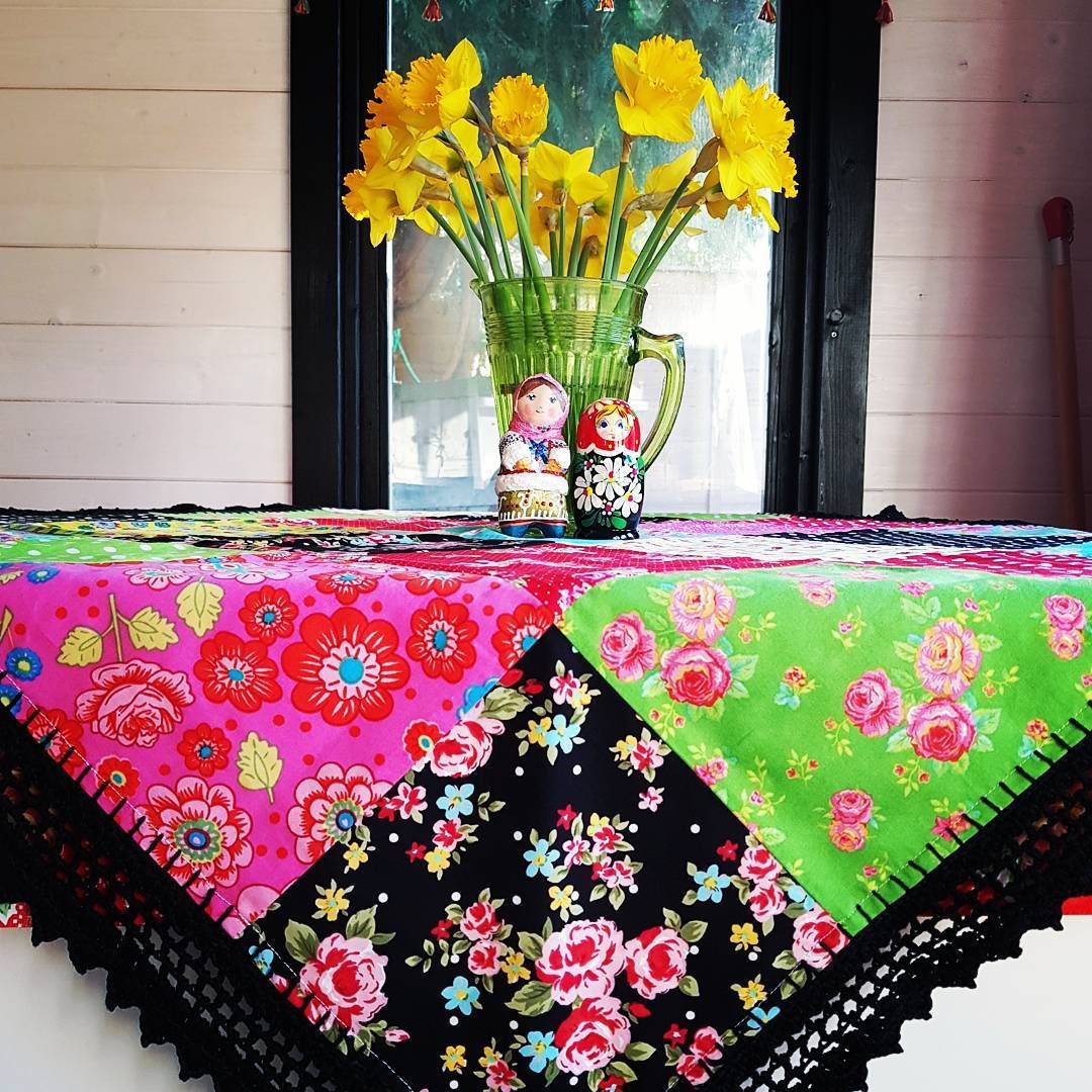 Crochet trimmed patchwork tablecloth with buttons and tassels | Etsy