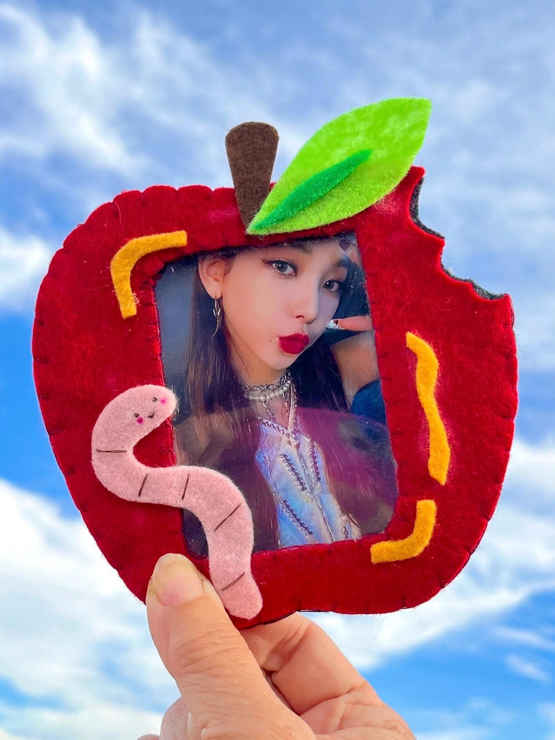Red Apple Photocard Holder - Handmade Apple and Worm Decorative Felt ...
