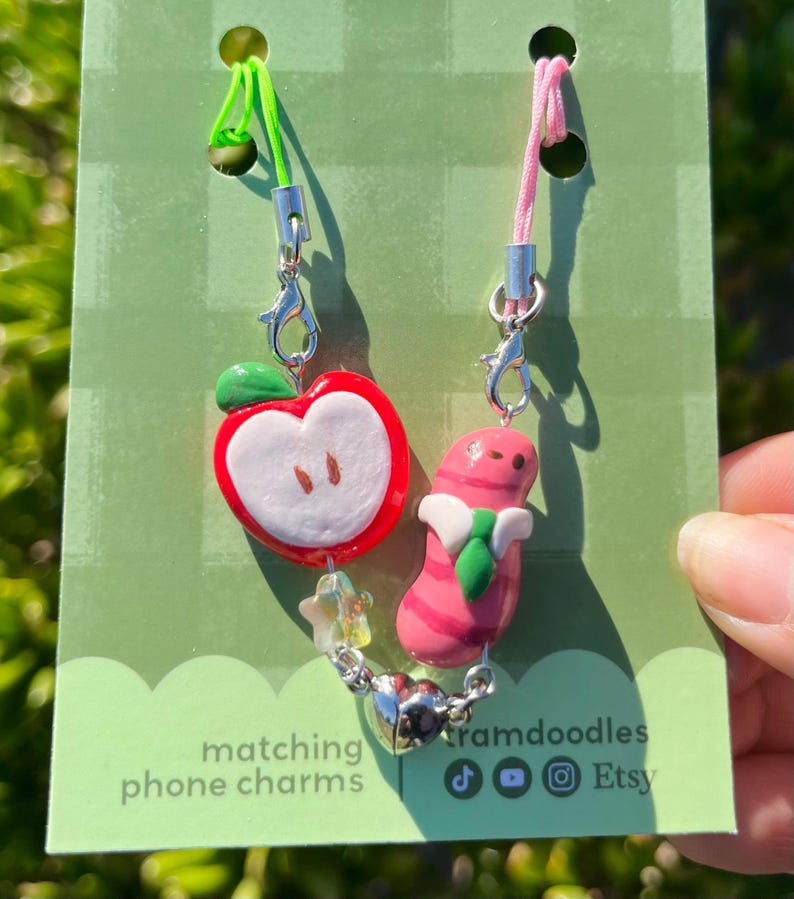 Worm and Apple Matching Phone Charms - Handmade Clay Keychains With ...