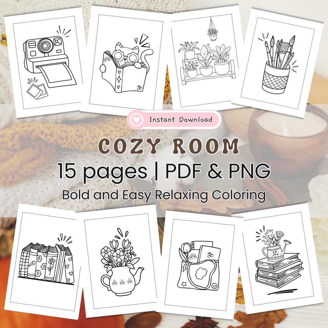 Coloring Book Cozy Room Relaxing Easy and Bold Coloring All Ages Cute ...