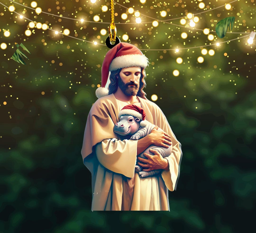 Jesus Moo Deng Christmas Ornament, Cute Baby Hippo Meme Ornament ...