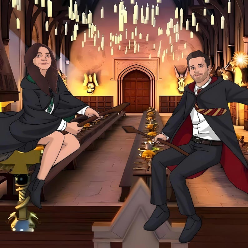 Custom Couple Wizard School Portrait, Personalized Family Wizard School ...