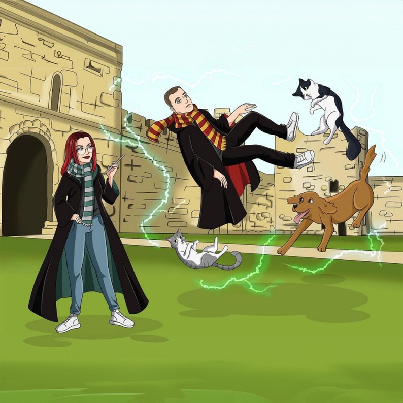 Custom Couple Wizard School Portrait, Personalized Family Wizard School ...