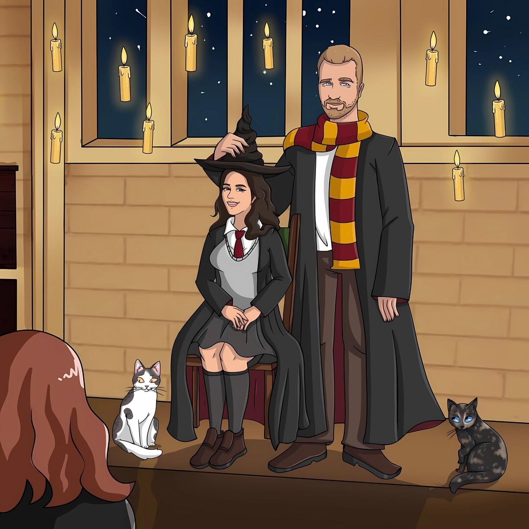 Custom Couple Wizard School Portrait, Personalized Family Wizard School ...