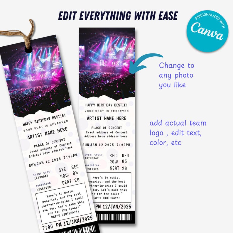 Concert Ticket Bookmark Template, DIY Surprise Gift (digital Download ...