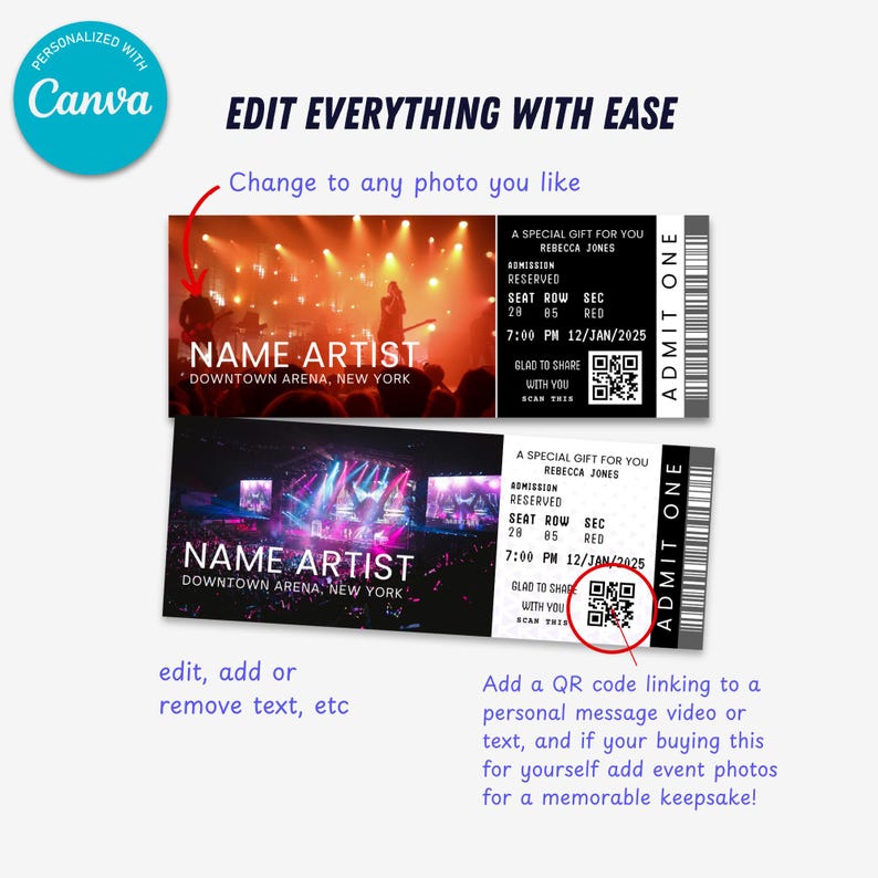 Concert Gift Ticket With QR Code Template, Printable Event Ticket ...