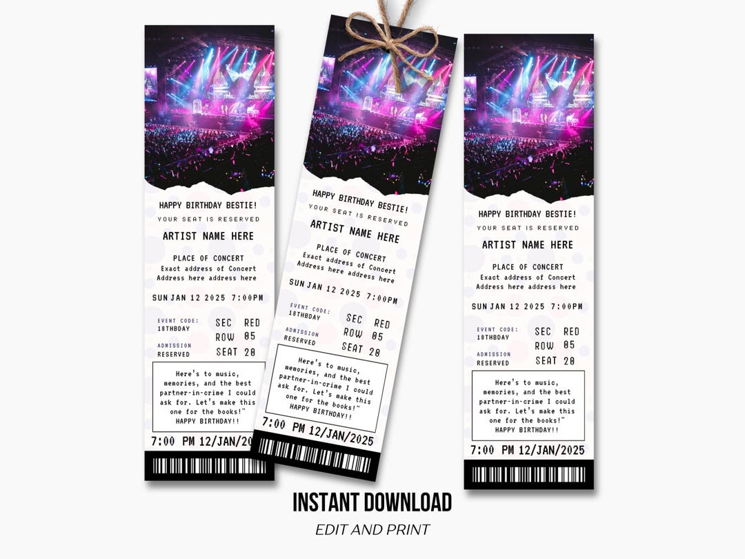 Concert Ticket Bookmark Template, DIY Surprise Gift (digital Download ...