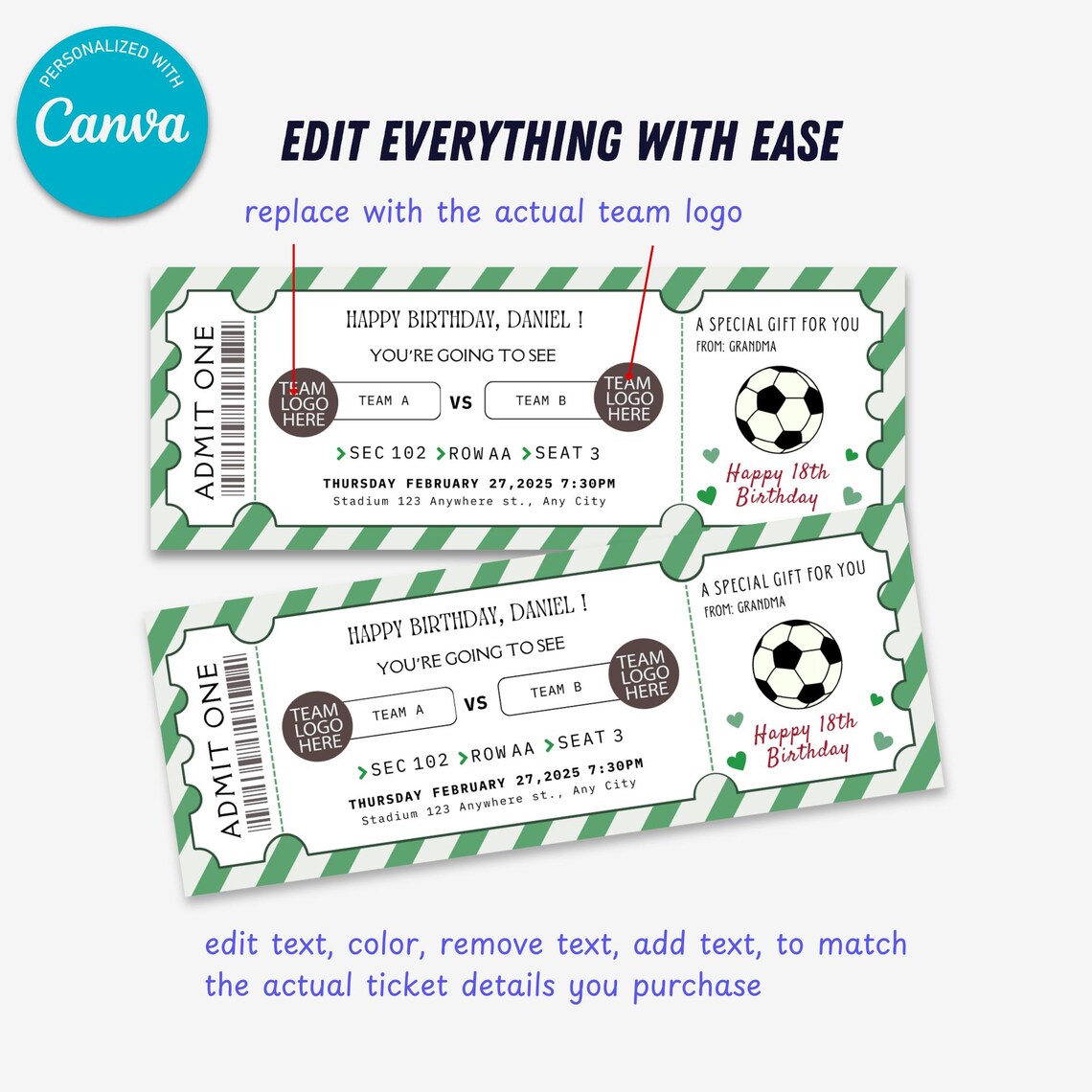 Editable Soccer Ticket Template, Soccer Surprise Gift Game Ticket ...