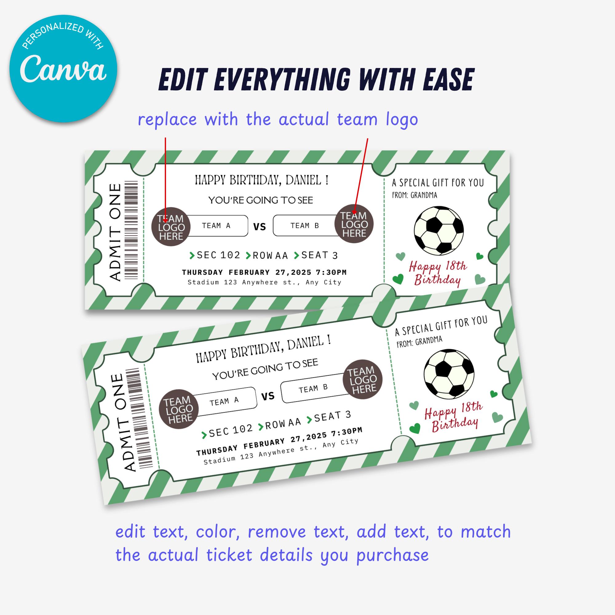 Editable Soccer Ticket Template: Surprise Gift (digital Download) - Etsy