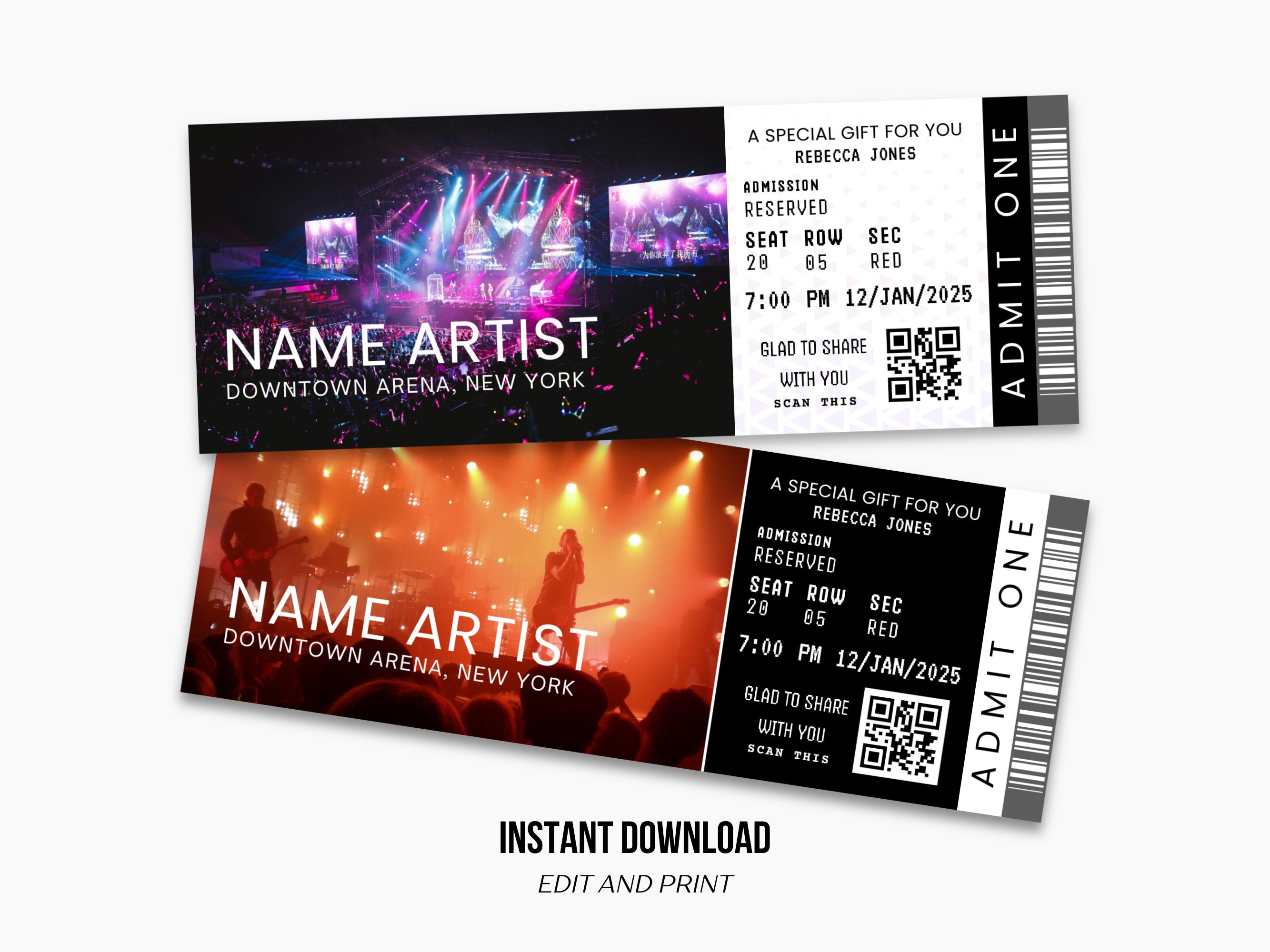 Concert Gift Ticket With QR Code Template, Printable Event Ticket ...