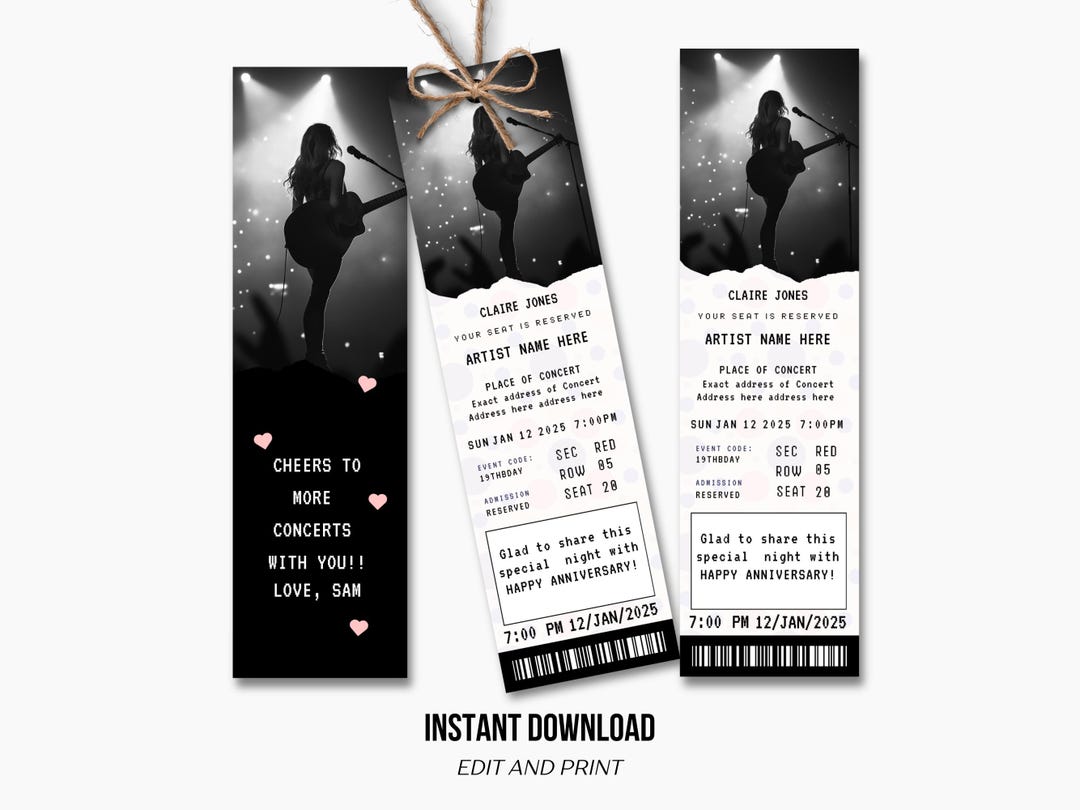 Editable Concert Ticket Gift Template, Bookmark Concert Ticket ...