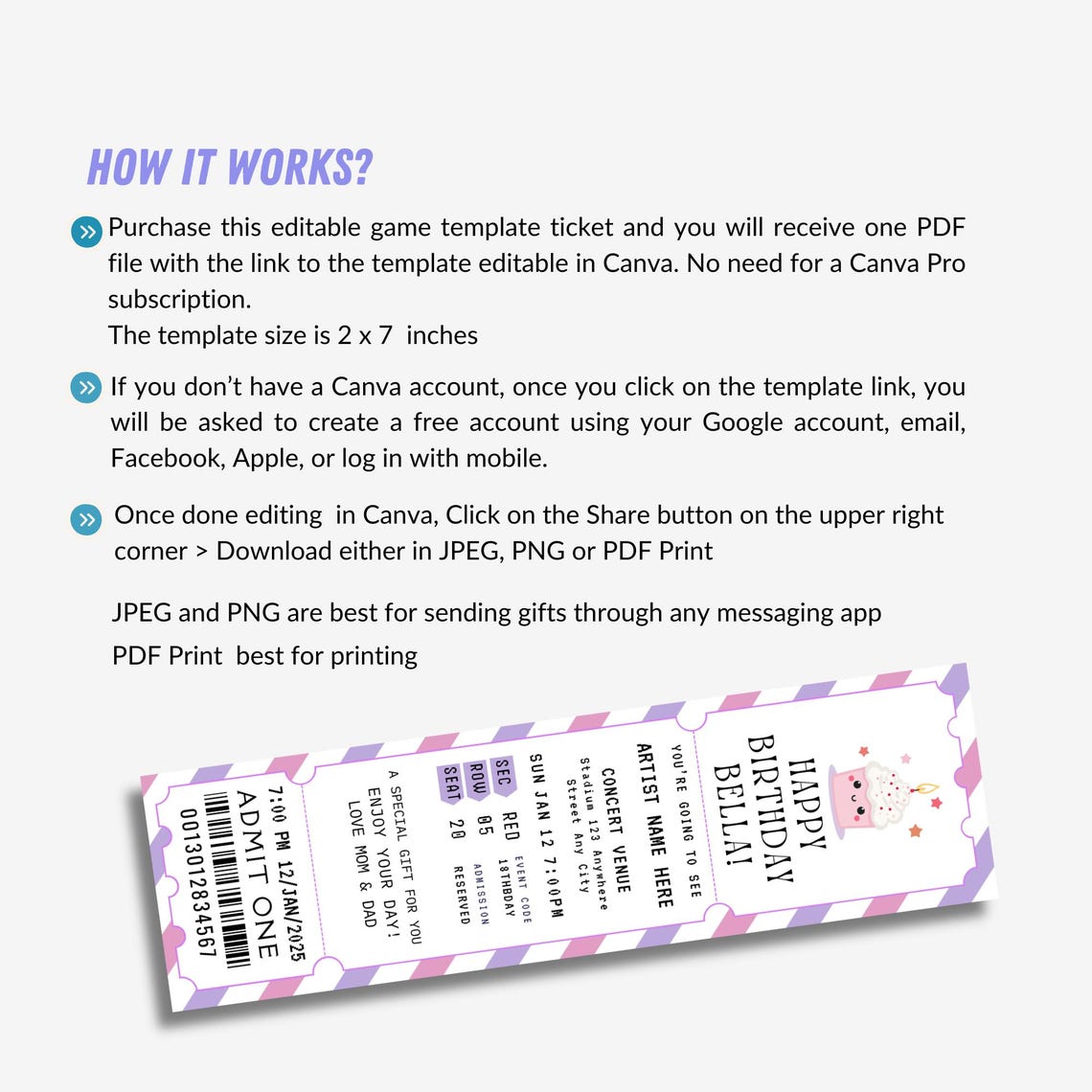 Editable Concert Ticket Gift, Bookmark Concert Ticket Template ...