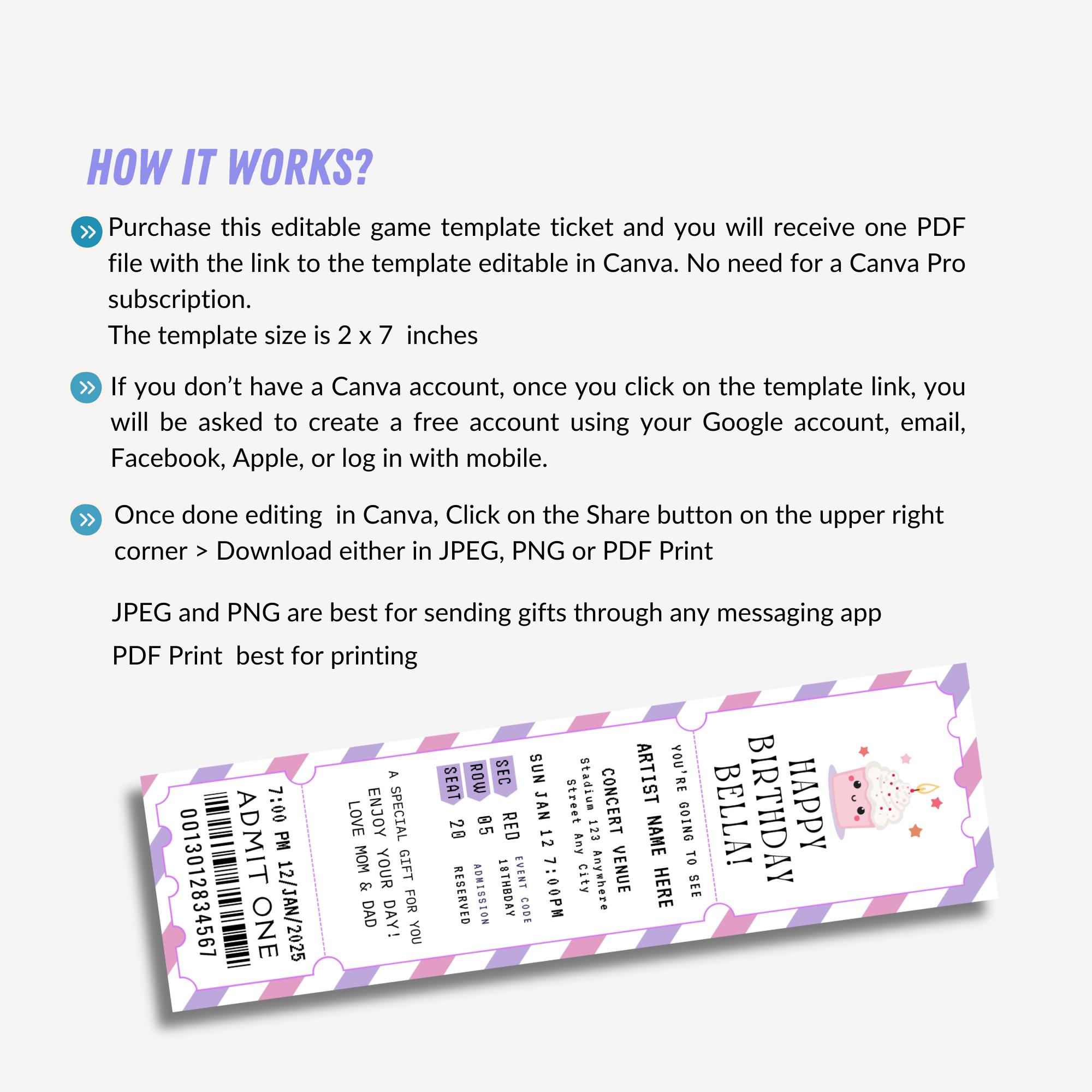 Editable Concert Ticket Gift, Bookmark Concert Ticket Template ...