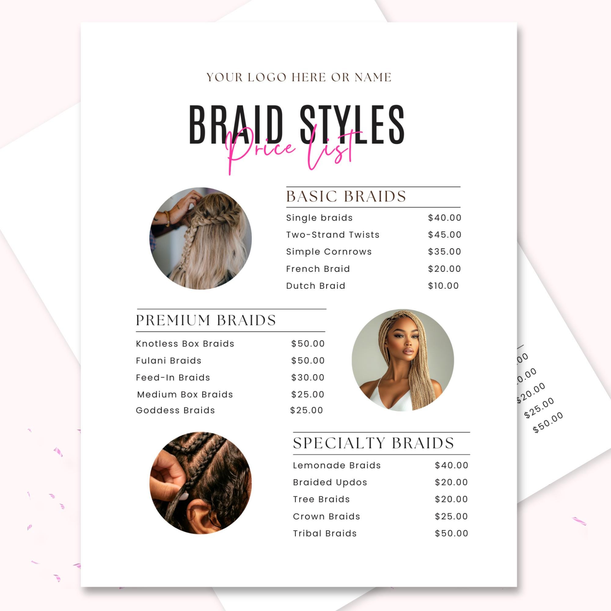 Braids Pricelist, Price List Flyer Template Design, Hair Styles ...