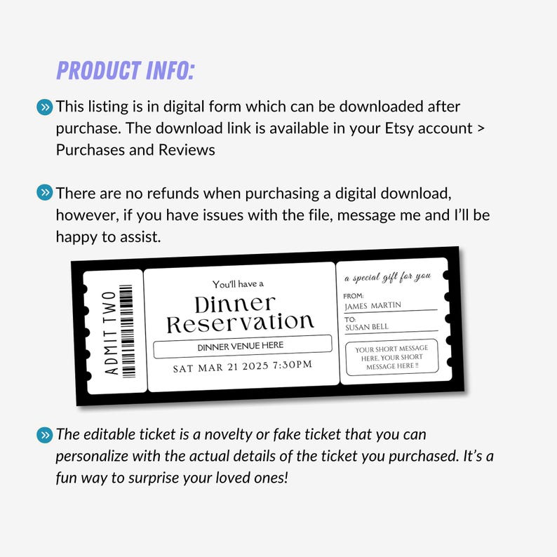 Editable Dinner Reservation Ticket: Surprise Gift (canva Template) - Etsy