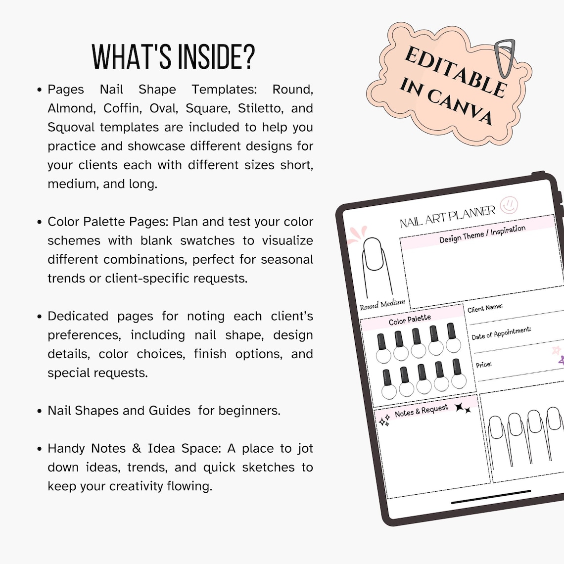 Nail Art Practice Planner: 83-page Nail Tech Guide (editable Canva ...