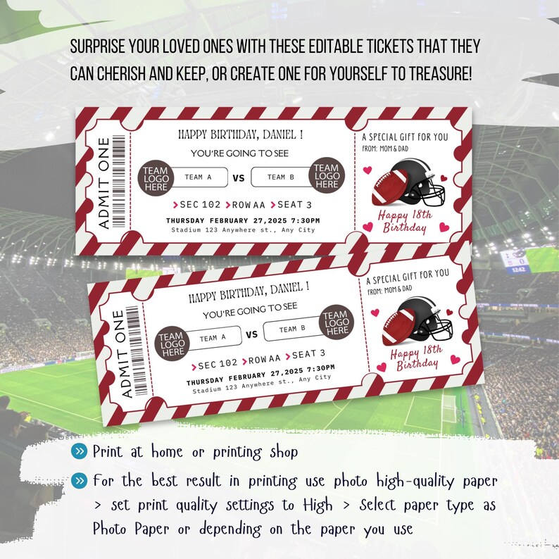 Editable Football Ticket Template: Surprise Gift (digital Download) - Etsy