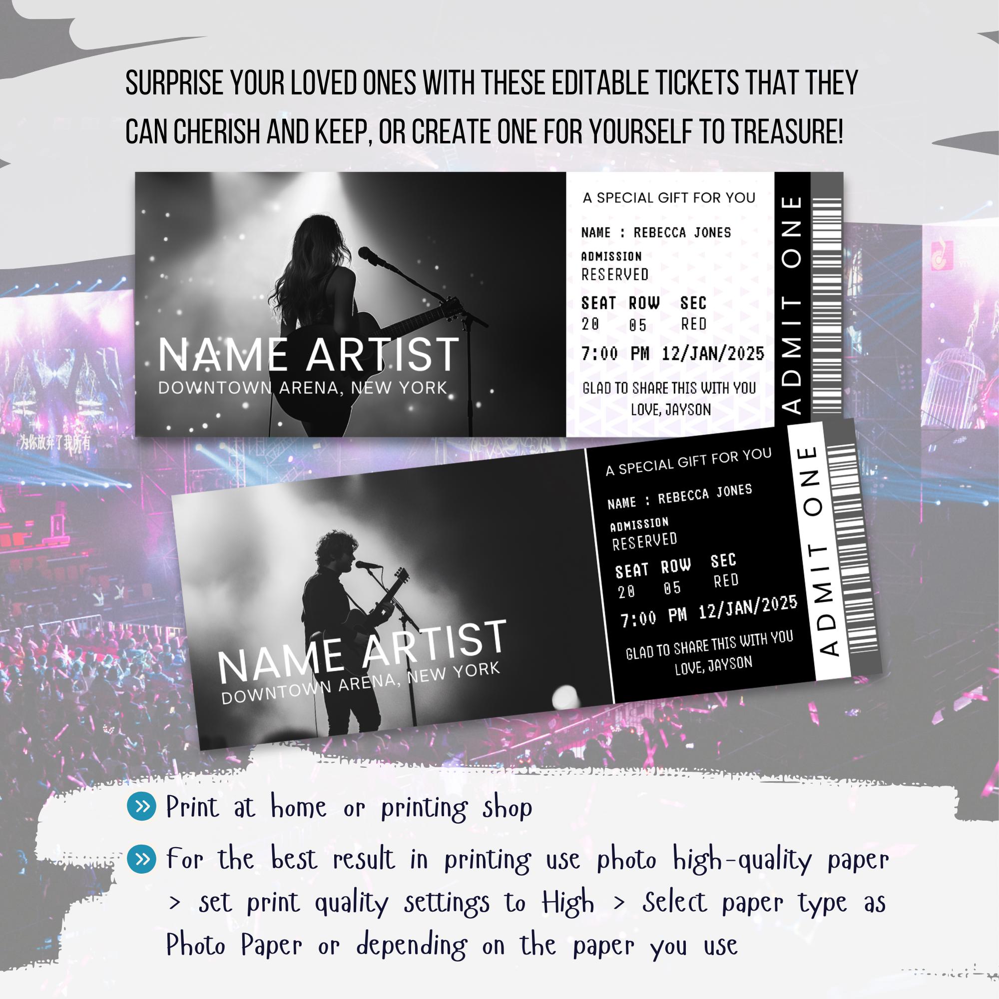 Custom Concert Ticket Template: Printable Event Gift (digital Download ...