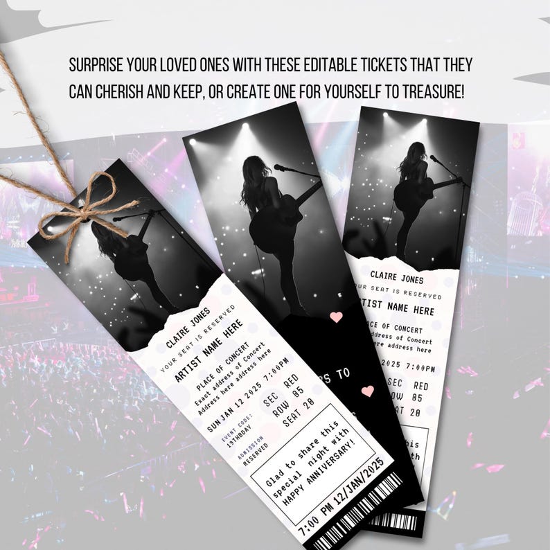 Editable Concert Ticket Gift Template, Bookmark Concert Ticket ...